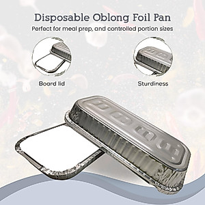 KitchenDance Disposable Aluminum 3 Lb Oblong Food Storage Pans with Board Lids - 48 Ounces Non-Stick Pans for Restaurants, Caterers - Baking Pan Perfect for Cooking, Preparing Food, 110L, 100 Count