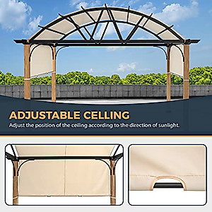 HAPPATIO 10' X 13' Outdoor Pergola with Sling Retractable Pergola Canopy，Wood-Like Aluminum Patio Pergola Shade for Patio, Backyard, Garden,Poolside