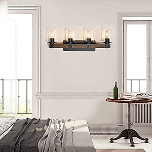 Farmhouse Rustic Bathroom Lighting Fixtures Over Mirror, Vintage Wood Vanity Lighting with Clear Glass, 4-Light Modern Industrial Wall Lamp for Bedroom,Living Room,Hallway