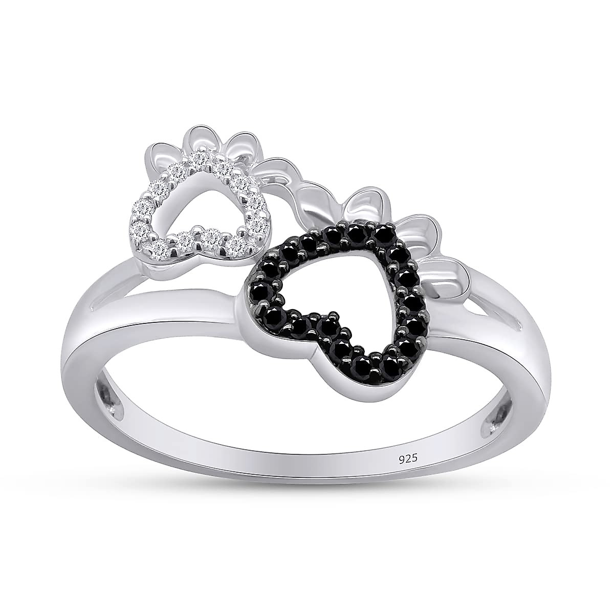 Round Cut White & Black Diamond Paw Print Promise Ring In 14K White Gold Over Sterling Silver (0.10 cttw) Ring Size-7