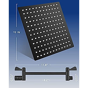 12'' Rain Shower Head with 11'' Adjustable Extension Arm - Eolax Large Rainfall Showerhead Solve Low Water Pressure and Flow - Bathroom Square Shower Heads Made of 304 Stainless Steel - Black