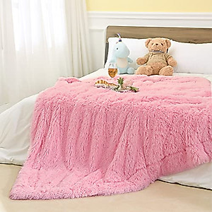 junovo Super Soft Shaggy Longfur Faux Fur Blanket, Fuzzy Throw Blanket for Bed, Fluffy Cozy Plush Light Blanket, Washable Warm Furry Throw Blanket for Couch Sofa Chair Home Decor, 50"x60" Pink