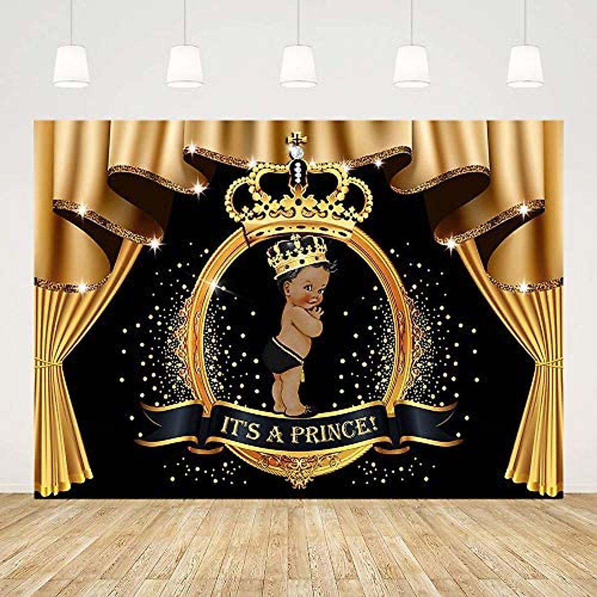 MEHOFOND It's A Prince Baby Shower Backdrop Prince Black Gold Party Decorations Crown Curtain Diamond Royal Prince Photography Background Banner Cake Table Studio Photo Props 10x7ft