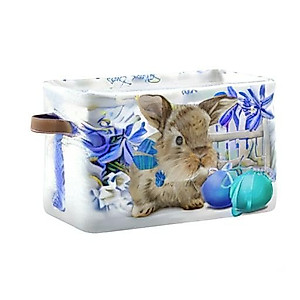 Easter Rabbit Bunny Eggs Storage Basket Blue Flowers Storage Fabric Baskets Organizer Box Bin Large Collapsible Cube Basket with PU Handles for Shelf Closet Nursery Laundry 1 Pack