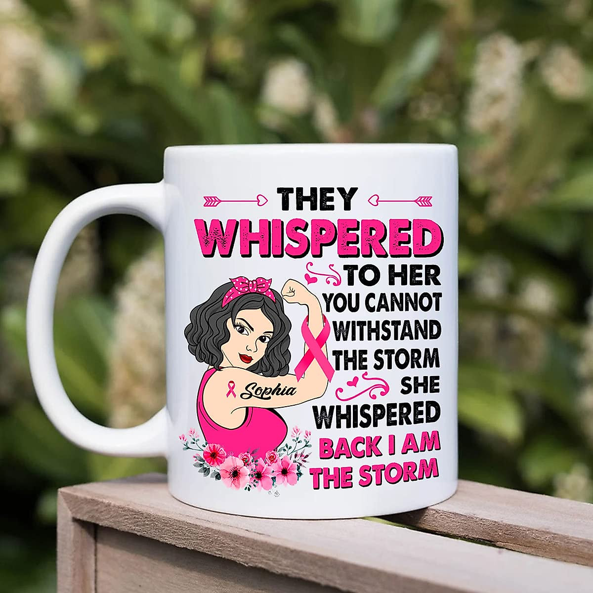 GERBERA STORY - Custom Breast Cancer Awareness Coffee Mug Personalized Breast Cancer Gifts For Women Cancer They Whispered to Her You Can't Withstand The Storm Mug 11oz or 15oz