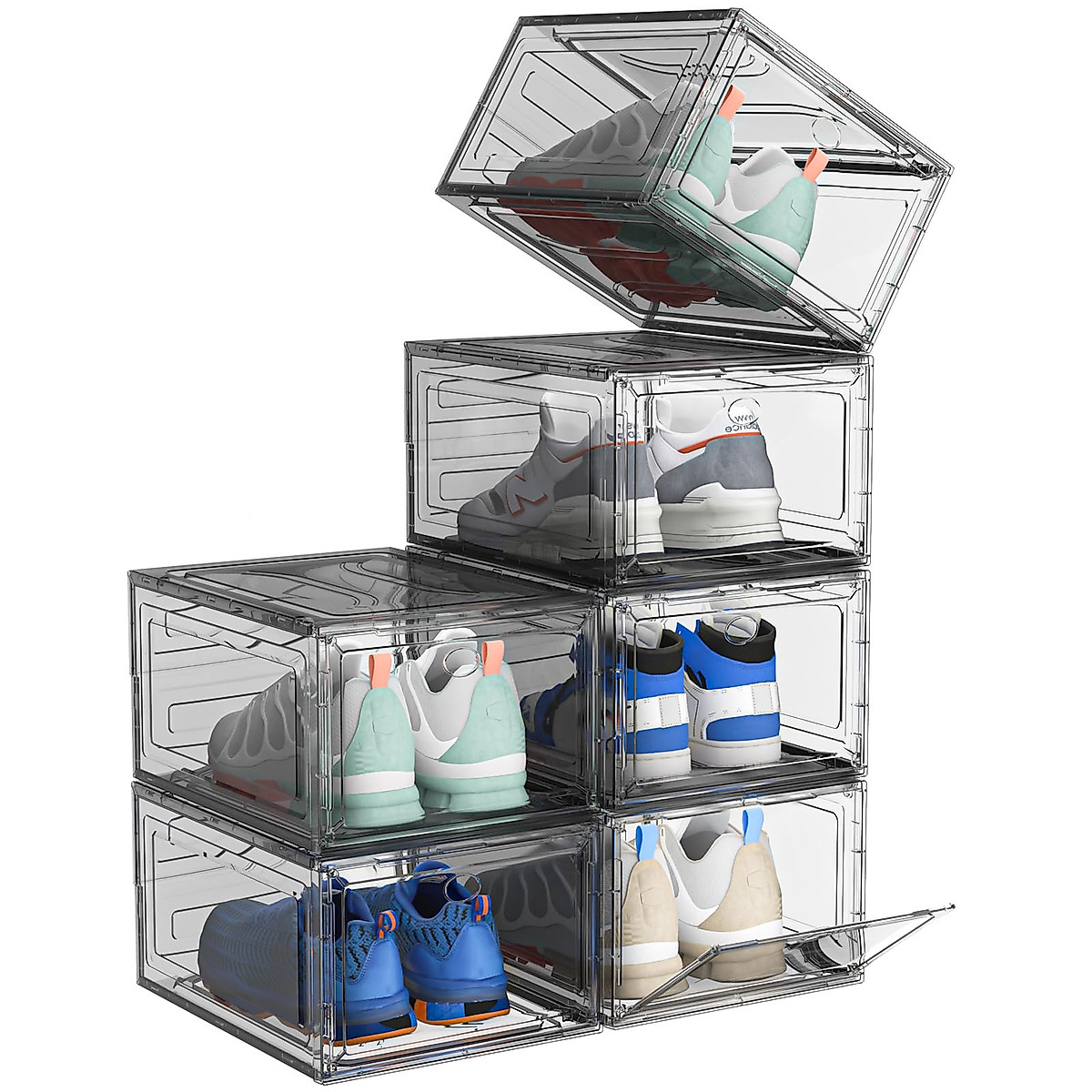 ARSTPEOE Upgrade Harder Solid Plastic Shoe Organizer, Shoe Storage with Magnetic Front Door, Shoe Rack 6 Pack Shoe Boxes Clear, Sneaker Storage, Shoe Organizer for Closet, Shoe Display Case, Black