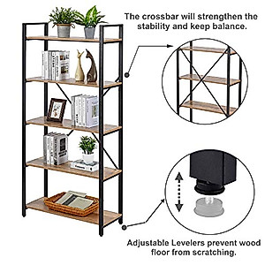 FATORRI Industrial L Shaped Computer Desk and 5 Tier Bookshelf for Home Office (Rustic Oak)