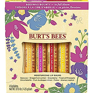 Burt's Bees Gifts, 4 Lip Balm Products, In Full Bloom Set - Original Beeswax, Dragonfruit Lemon, Tropical Pineapple & Strawberry (4 Pack)