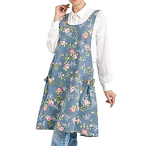 APRONNER Cozy Adjustable Cross Back Aprons for Women with Pockets Cotton Linen Cooking Kitchen Baking Rose Flower
