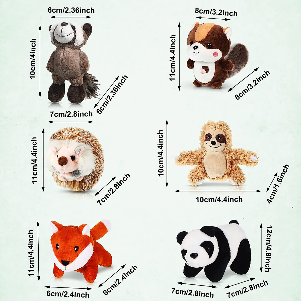 Threan 6 Pcs Woodland Animal Jungle Animal 4 Inch Small Plush Toy Forest Safari Stuffed Animals Set, Panda, Raccoon, Sloth, Big Tail Squirrel, Fox, Hedgehog Animals for Kids Student Award