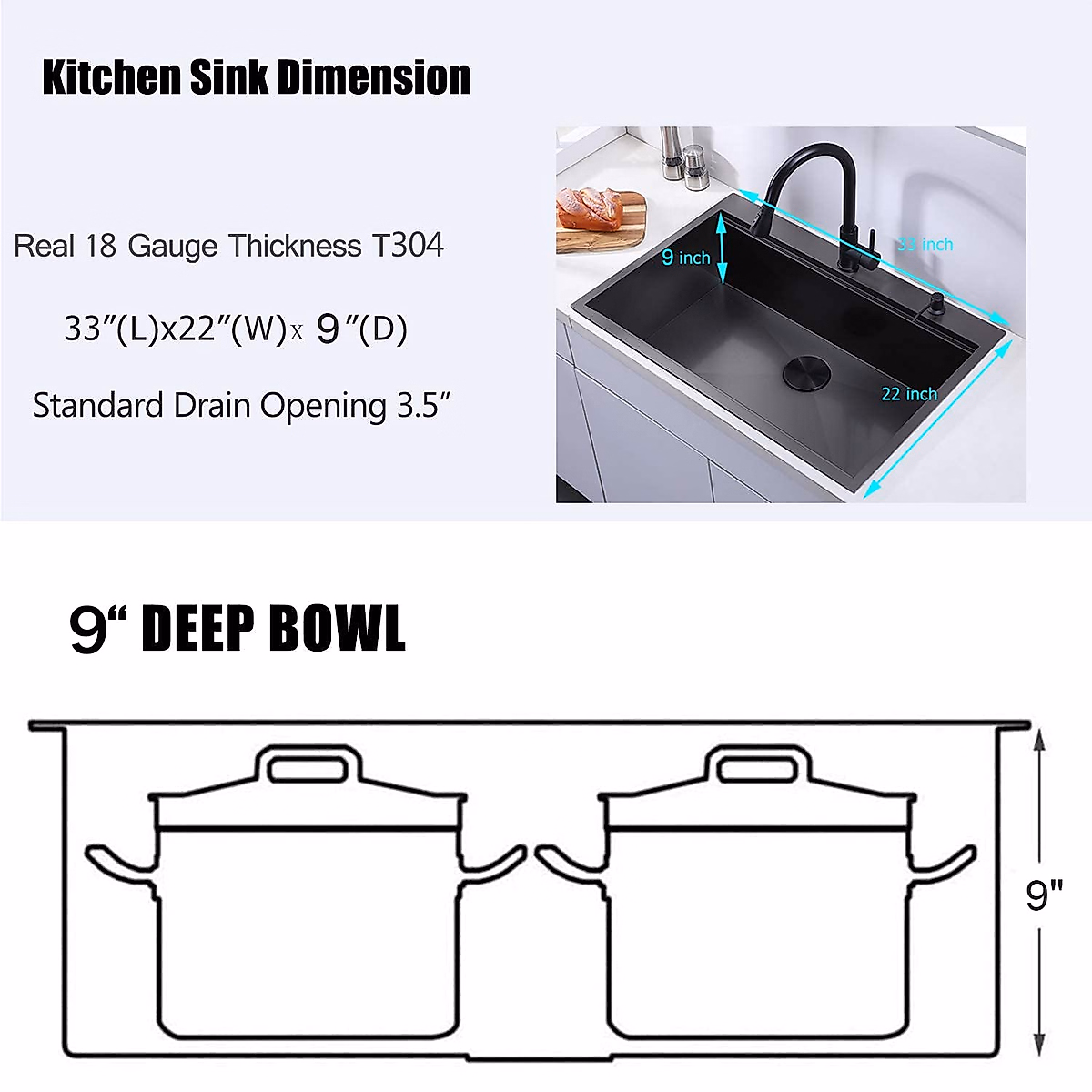 33 Inch Drop In Black Kitchen Sink Workstation-VAPSINT 33x22 Topmount Black Stainless Steel Drop-in Kitchen Sink, Handmade Single Bowl Deep Kitchen Sink with Grid,Drainer,Cutting Board and Colander