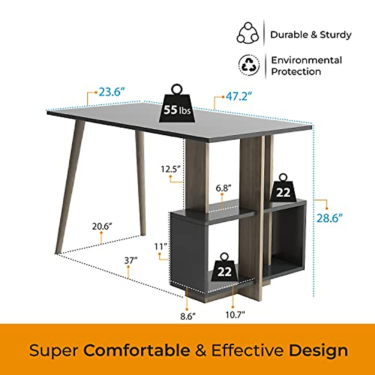MODEAZY Side Modern Style Home Office Working Desk, Room Decor, Storage Shelves Study Writing Table, Walnut & Anthracite