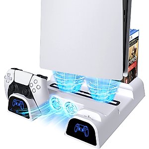 DAICEL PS5 Station with Charger for DualSense Controllers, Dual Cooling Fan Stand for PS5, Dock Accessories Compatible with PS5, Remote Holder and 11 Games Storage for PS5 Vertical Stand (White)