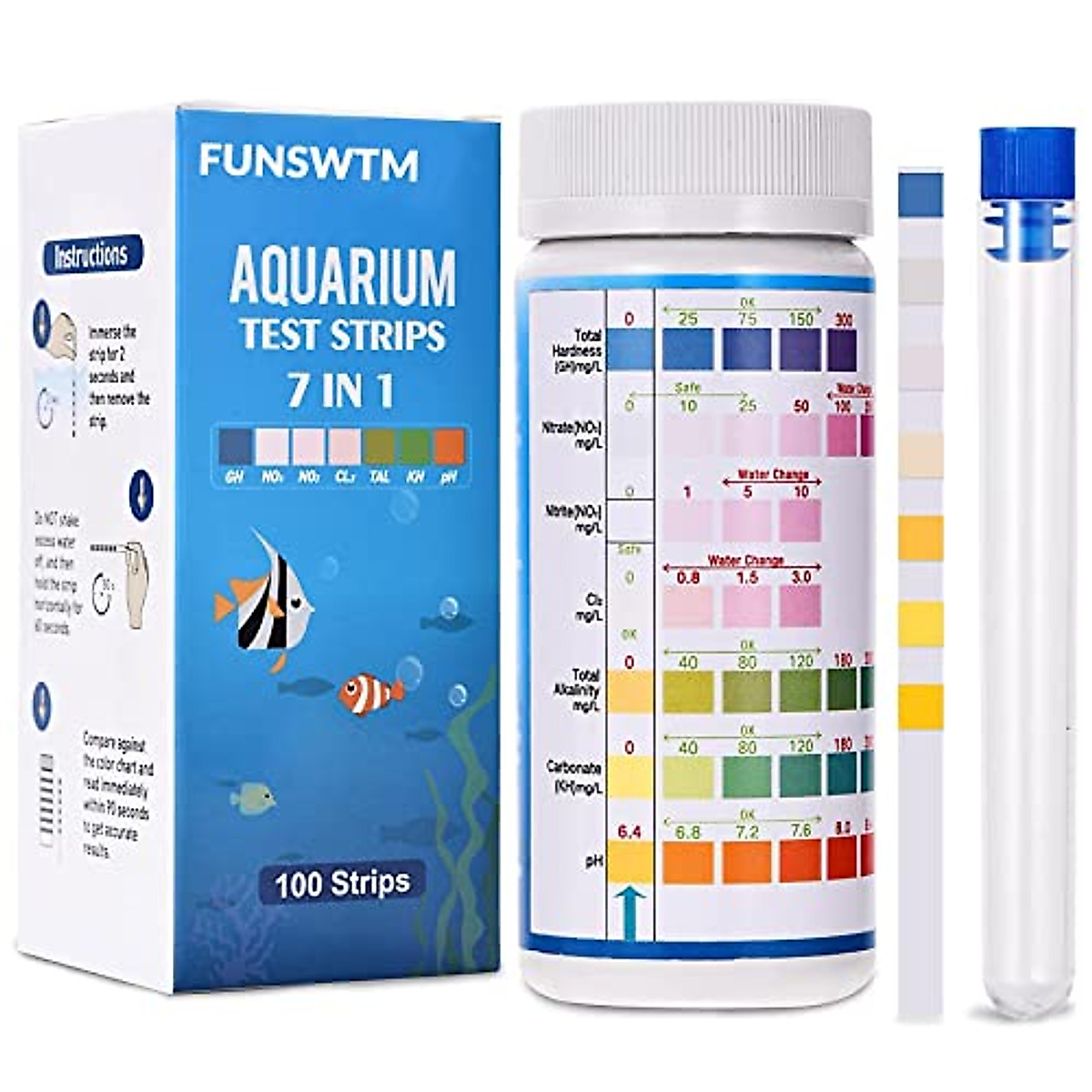 7 in 1 Aquarium Test Strips, Fish Tank Test Kit,Freshwater Saltwater Aquarium Water Test Kit to Detect pH Nitrite Nitrate Chlorine Carbonate Hardness (GH & KH)-100 Strips
