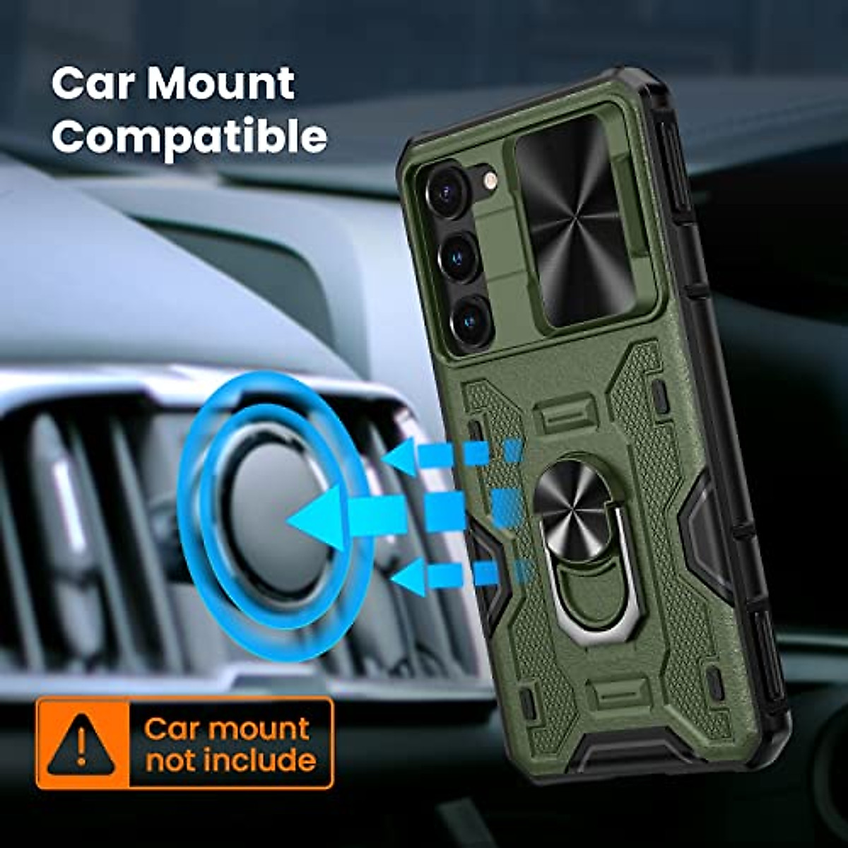 VEGO for Galaxy S23 Case, Samsung S23 Case with Slide Camera Cover Magnetic Absorption, Built-in 360°Rotate Ring Stand & Sponge Cushion with Microfiber Lining Phone Case for Samsung Galaxy S23 - Green