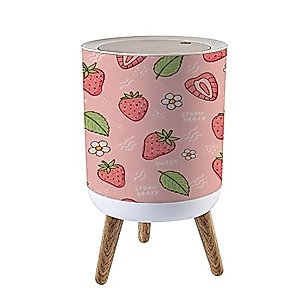 IKFLWJUTFW Small Trash Can with Lid Strawberry Cute Colorful Strawberries Flowers and Leaves in 7 Liter Round Garbage Elasticity Press Cover Wastebasket for Kitchen Bathroom Office 1.8 Gallon
