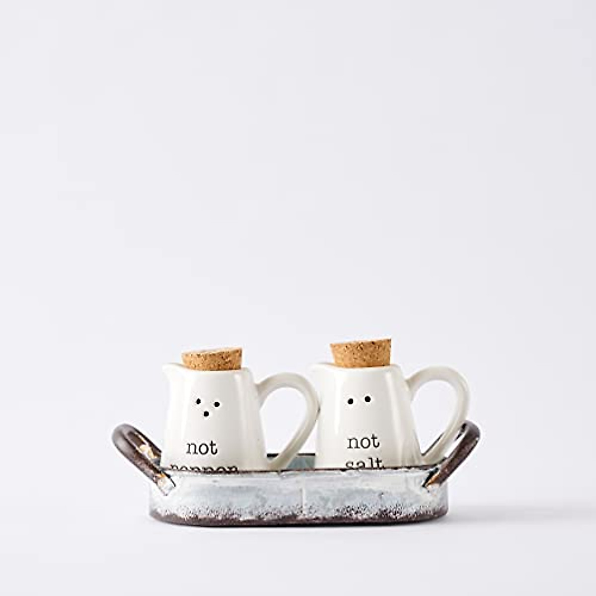 Mud Pie Farmhouse Inspired Ceramic Aluminum Salt and Pepper Caddy Set, One size, White
