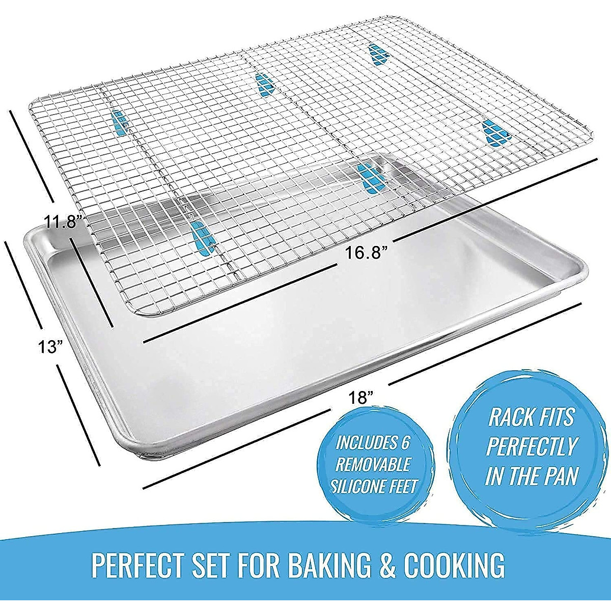 KPKitchen Baking Sheet & Rack Set and 4-Piece Liquid Measuring Cups Set - Aluminum Pan (18” x 13”) + Stainless Cooling Rack (16.8” x 11.8”) - Includes Mini Ounce, 1, 2 and 4 Plastic Measuring Cup Size
