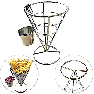 BESTonZON 2PCS French Fry Stand Cone Basket French Fry Chips Cone Metal Wire Basket with Sauce Dippers for Home Parties/Backyard Picnics/Outdoor Events/Appetizers