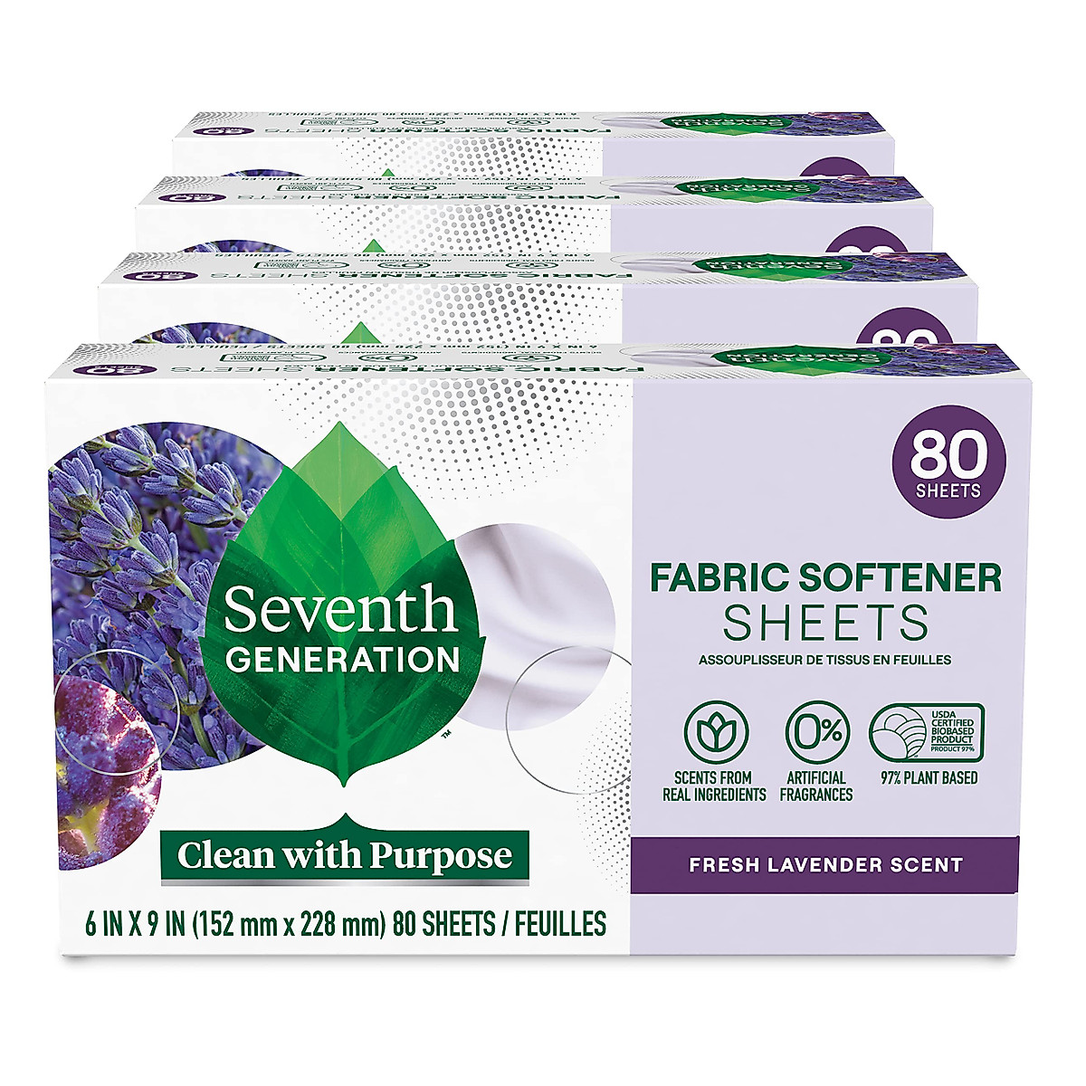 Seventh Generation Dryer Sheets Fabric Softener Fresh Lavender Scent with 100% Essential Oils and Botanical Ingredients 80 Sheets (Pack of 4)