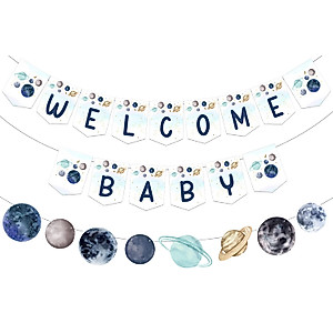 Fangleland Outer Space Baby Shower Banner Garland for Boy, Universe Welcome Baby Banner Decor for Galaxy Planet Themed Party Supplies