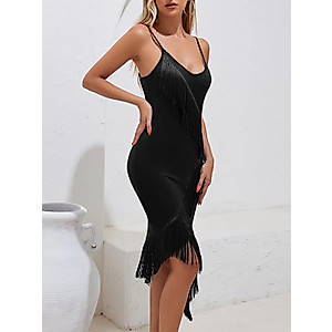ZAFUL Women Spaghetti Strap Sexy V Neck Fringe Tassels Irregular Hem Slit Bodycon Prom Party Cocktail Formal Dress Black M