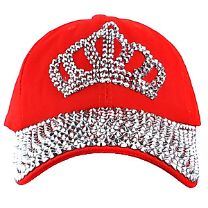 Elonmo Bling Hats, Crown Design Cotton Rhinestone Womens Baseball Cap Golf Hat Jeans Wash Denim Adjustable (Red)