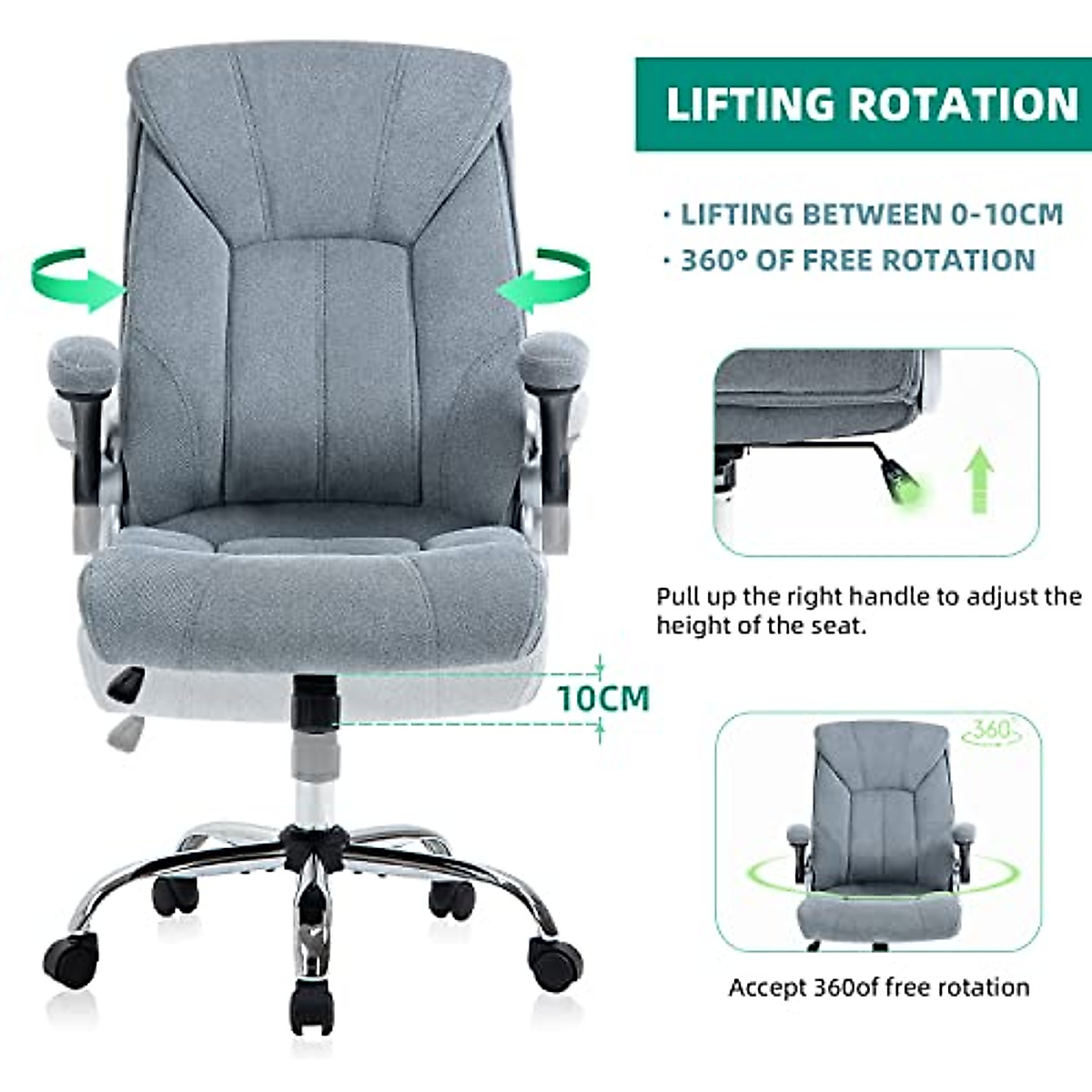 SEATZONE Home Velvet Office Chair, Comfortable Fabric Computer Desk Chair with Wheels, Executive Chair with Adjustable Height and Lumbar Support, Grey