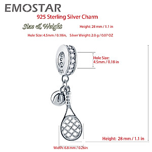 Tennis Ball and Racket Dangle Charms fits Pandora Sport Bracelet, 925 Sterling Silver Tennis Racquet Pendant Beads with CZ, Gift for Sister/Brother or Son/Daughter/Sport Lover