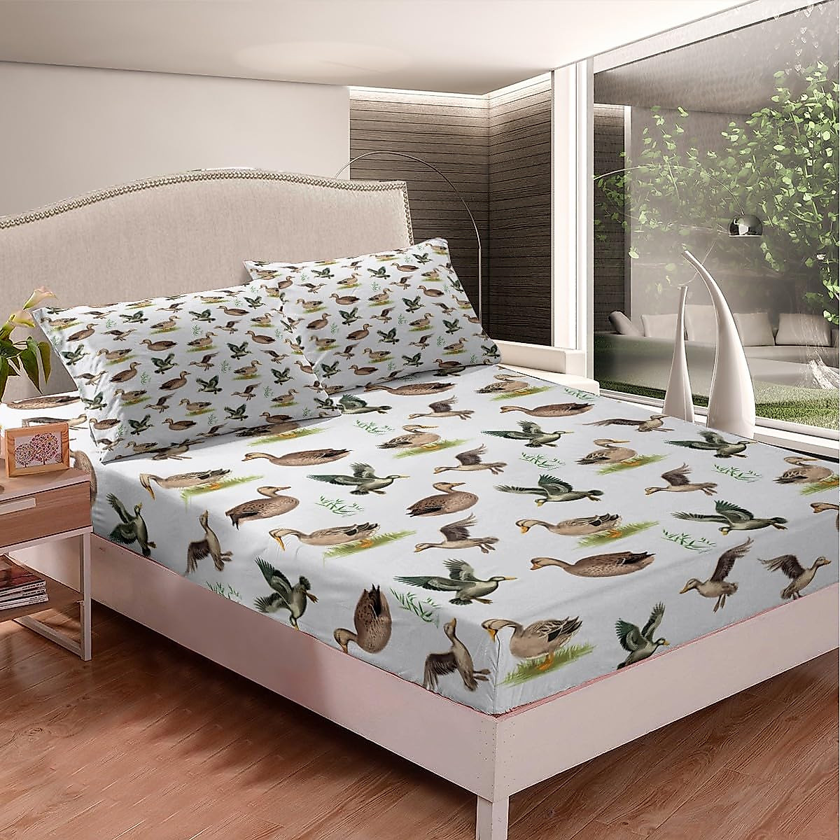 Queen Size Duck Bed Sheet Set Boys Girls Wild Duck Print Fitted Sheet for Kids Women Men Ultra Soft Grey Bedding Set Duck Hunting Bed Cover Room Decor