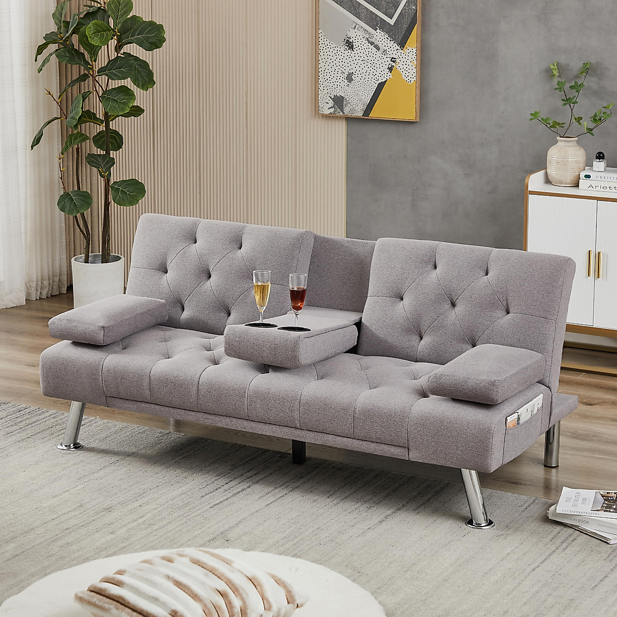 VFD Futon Sofa Bed Modern Couches for living room Convertible Recliner Sleeper Sofa Loveseat with 2 Cup Holders and Side Pocket, Removable Armrests (Light Gray)