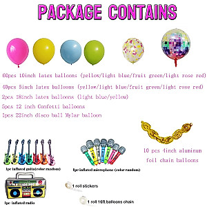 Back to 90S 80S Theme Party Balloons Backdrop Decorations， Party Supplies Foil Balloon Radio Guitar Microphone Disco Ball Colorful Balloons for Back to 90S 80S Party for Birthday Decorations