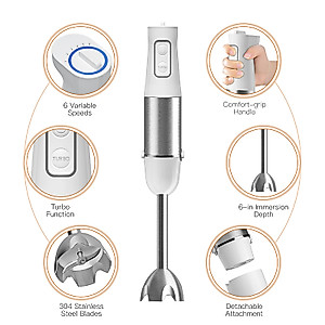 Enfmay 5-in-1 Immersion Hand Blender, 500W 6-Speed Handheld Stick Blender with Stainless Steel Blades,Whisk & Milk Frother, BPA-Free Chopper Beaker for Soups, Smoothies, Sauces, Baby Foods, White