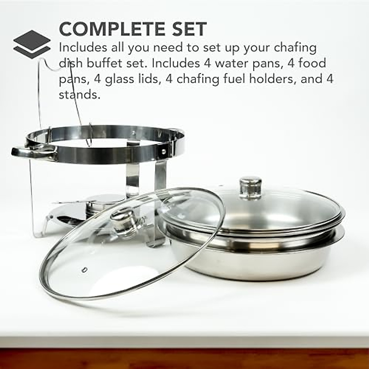 Alpha Living Chafing Dish Buffet Set of 4 – Complete Stainless Steel Chaffe Buffet Set with Glass Lids, Chafing Fuel Holder – Elegant and Practical Warmer Trays for Buffet, Wedding, Catering Supplies