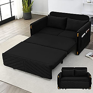 CALABASH Sofa Bed,Pull Out Couch Bed Sleeper Sofa,54" Modern Convertible Velvet Loveseat with 2 Pillows and Side Pockets, Small Love seat Sofa Bed w/Headboard for Living Room, Apartment (Black)
