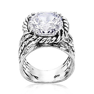 925 Sterling Silver Ring w/ Cushion Cubic Zirconia Multi Textured Vintage Look Stylish Hypoallergenic Nickel and Lead-free Artisan Handcrafted Designer Collection Made in Israel (Size 5-11)