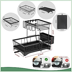 Dish Drying Rack - 2 Tier Dish Drying Rack with Drainboard Set, Large Dish Racks for Kitchen Counter, Dish Drainer Rack with Utensil Holder, Dish Strainers for Kitchen Counter, Black