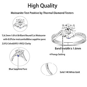 DovEggs Solitaire Moissanite Engagement Rings for Women Solid 14K White Gold Center 1ct 6.5mm FG Color Moissanite Petite Twished Wedding Ring with Blue Sapphire&Moissanite Accents Band Width 1.6mm(7)