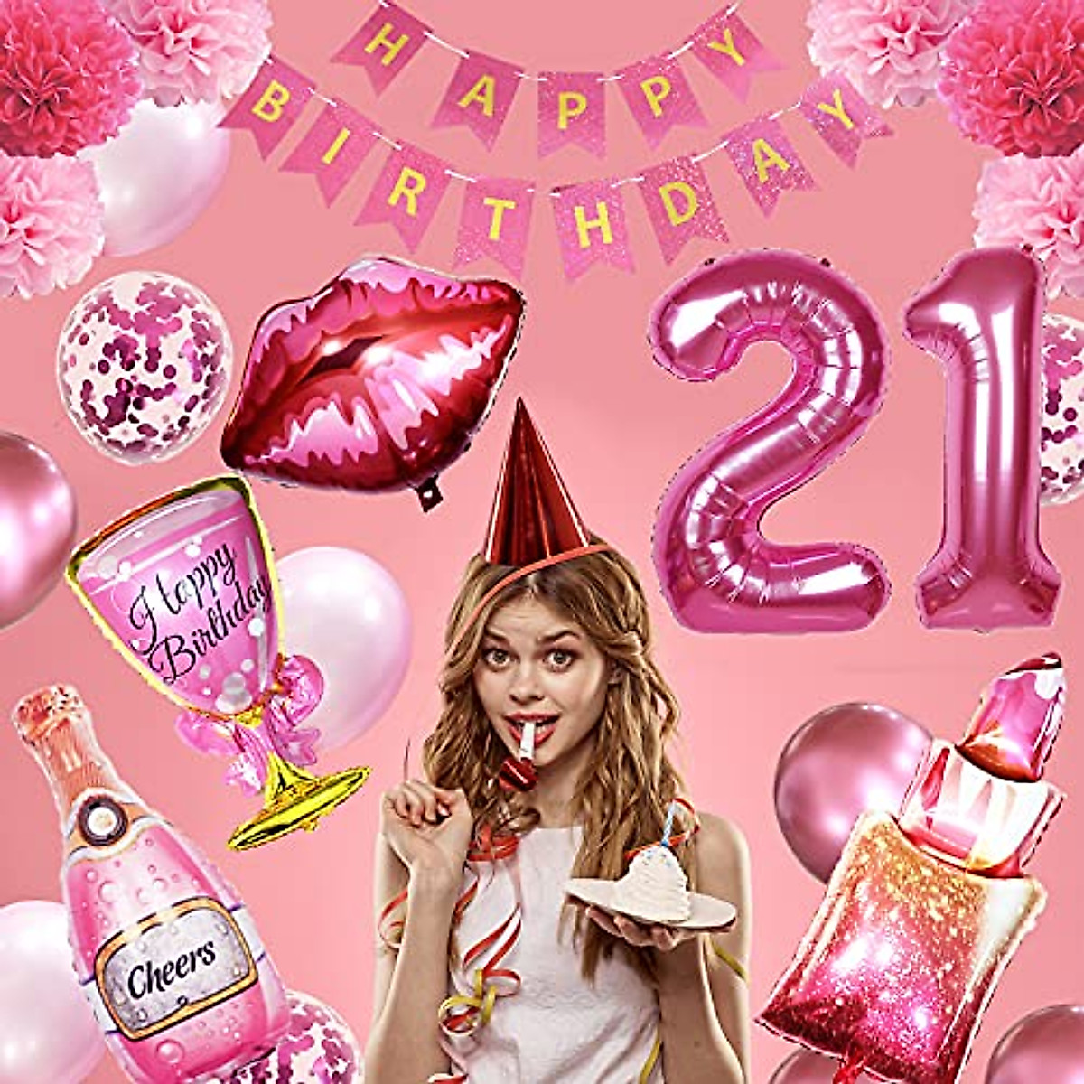 Crenics 21st Birthday Decorations for Her - Hot Pink Happy Birthday Banner, Pom Poms, 21 Number Balloon, Lipstick Champagne Balloons and 24 Latex Balloons for 21st Girls Women Birthday Party Supplies
