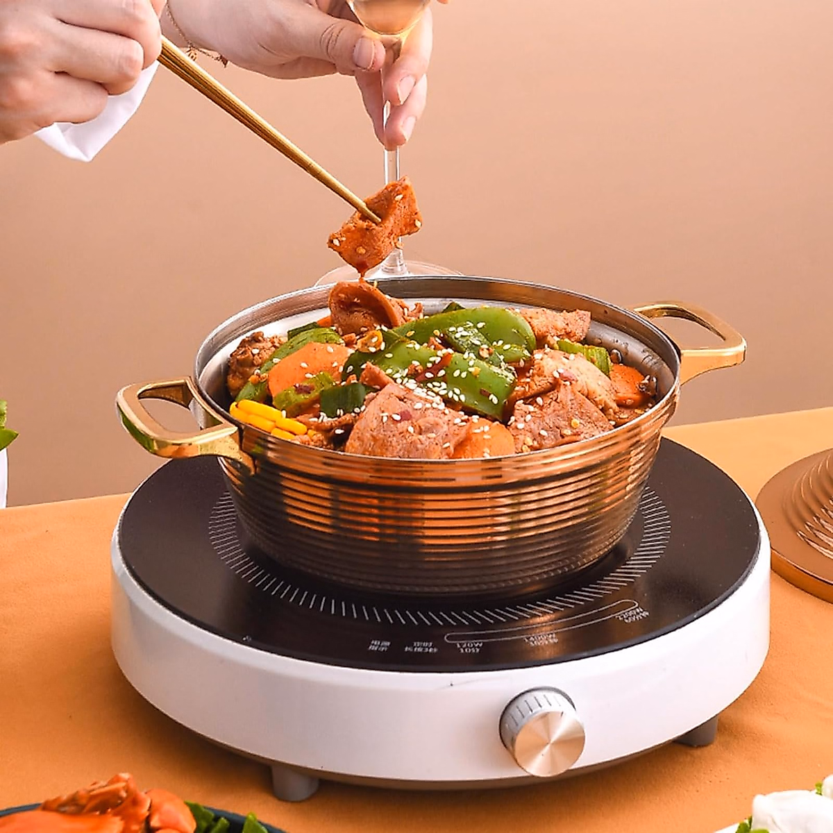 Hgjgwqh Moroccan Tagine Cooking Pot, 304 Stainless Steel Non Stick Tagine Pot with Cone-Shaped Closed Lid Large Moroccan Cooker Handmade Stovetop Pot,Gold,27cm