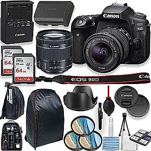Canon EOS 90D DSLR Camera with EF-S 18-55mm f/4-5.6 is STM Lens + 2pc 64GB Memory Cards + Filters + Backpack Case & More (Renewed)