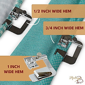 Madam Sew Rolled Hem Presser Foot Set – 3 Piece Wide Hemmer Foot Kit Includes 1/2”, 3/4" and 1” Presser Feet – Compatible with Singer, Brother, Babylock, Euro-Pro, Janome and More