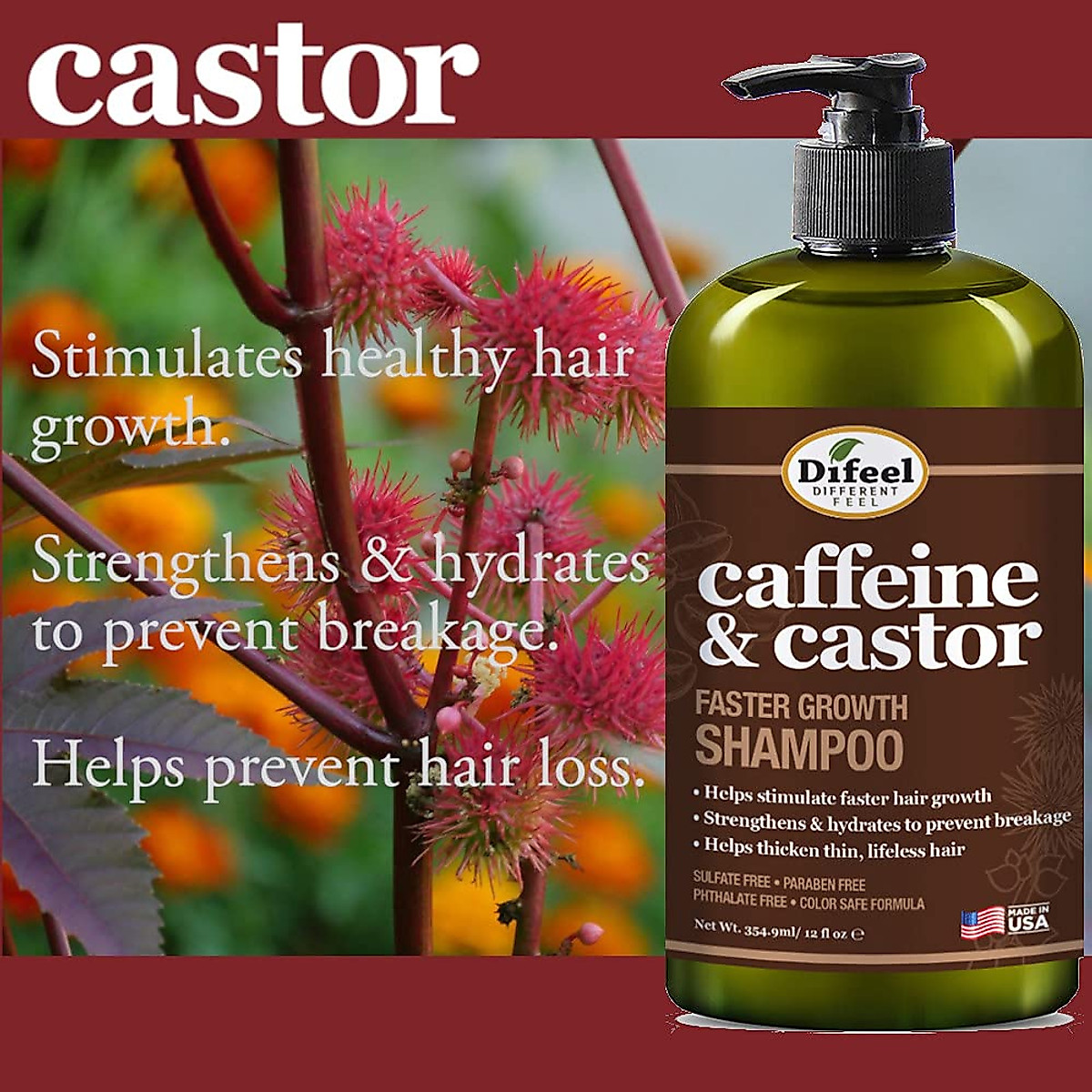 Difeel Caffeine & Castor Faster Growth Shampoo 12 oz., Made with Castor Oil for Hair Growth, Sulfate Free Shampoo