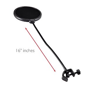 Pyle Professional Microphone Filter Screen-Mic Pop Blocker Mask Shield 4-Layer Mesh Wind Filtration 16" 360° Flexible Gooseneck Stabilizing Arm, Universal Clamp-Style Knob (PEPF30)