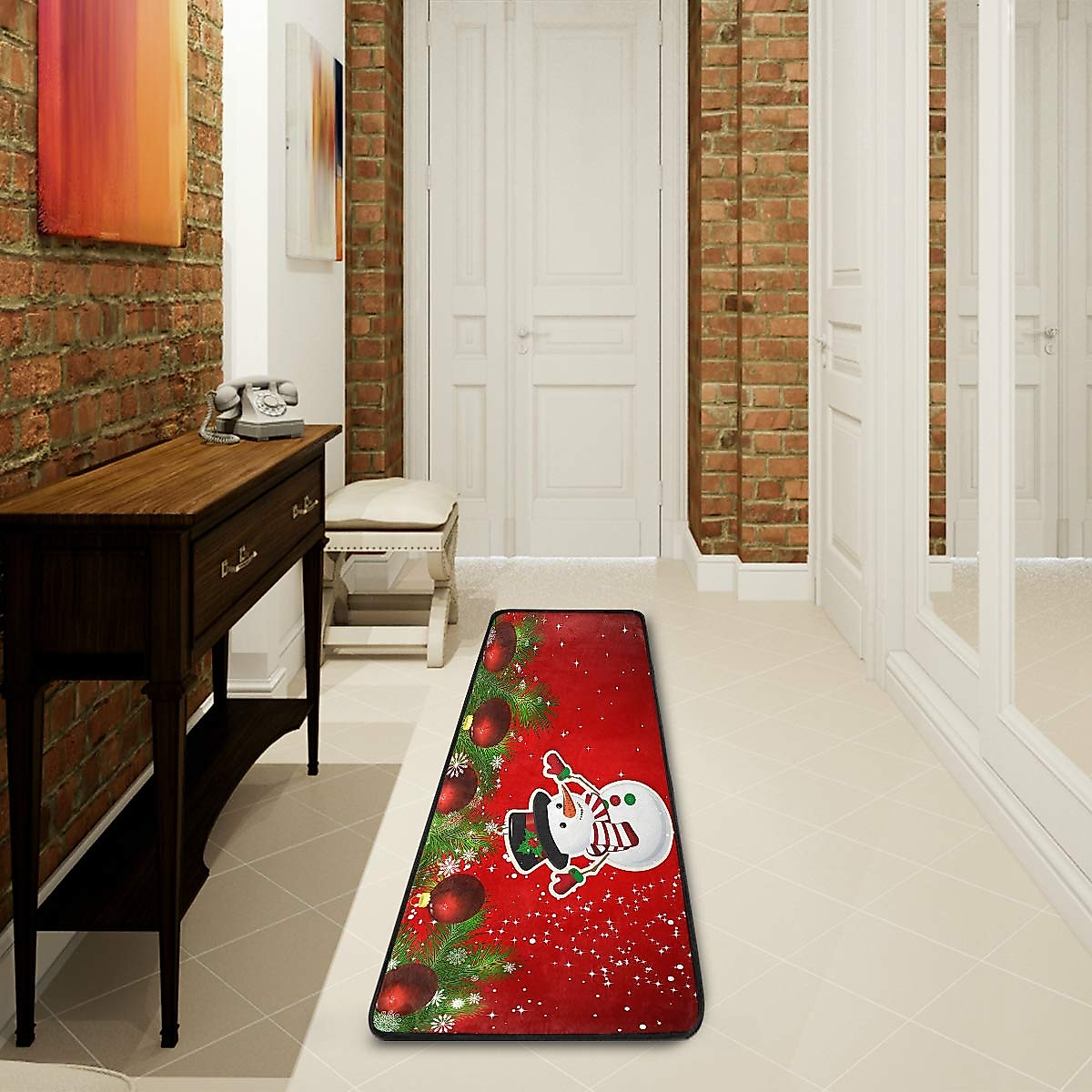 Christmas Runner Rug, Red Christmas Snowman Runner Rug Floor Mat Non-Skid Kitchen Rug Soft Area Rug for Bathroom Entryway Hallway Dining Living Room
