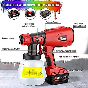 YEX-BUR Cordless Paint Sprayer for Milwaukee m18 18V Battery Handheld HVLP Spray Gun Easy to Spray for Furniture Fence Cars Walls DIY Works House Painting