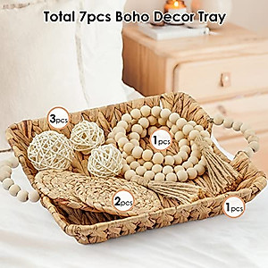 Decorative Tray Square Woven Storage Baskets with Wood Bead Handles Boho Coffee Table Decor Hand-Woven Wicker Serving Tray for Coffee/Fruit