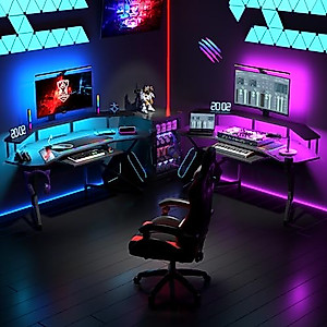 Auromie 72" Gaming Desk with Power Outlet & Led Strip, Large Wing-Shaped Computer Desk w Monitor Stand & Keyboard Tray & RGB Mouse Pad, Studio Desk w Storage Shelf Headphone Hook Cup Holder