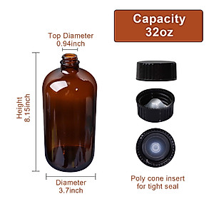 HWASHIN 4 Pack 32 oz Amber Boston Round Glass Bottles with Black Caps for Secondary Kombucha Fermentation and Lab Chemicals (1 Funnel and 10 Pieces Black Chalkboard Labels Included)