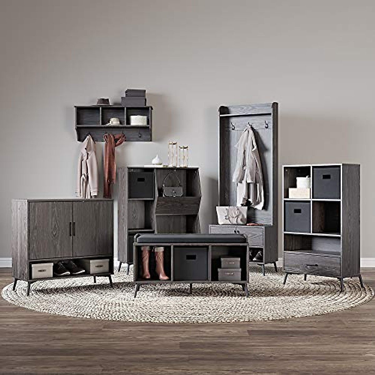 RiverRidge Home Woodbury Collection Storage Cabinet with Cubbies and Veggie 2pc Bin-Black, Weathered